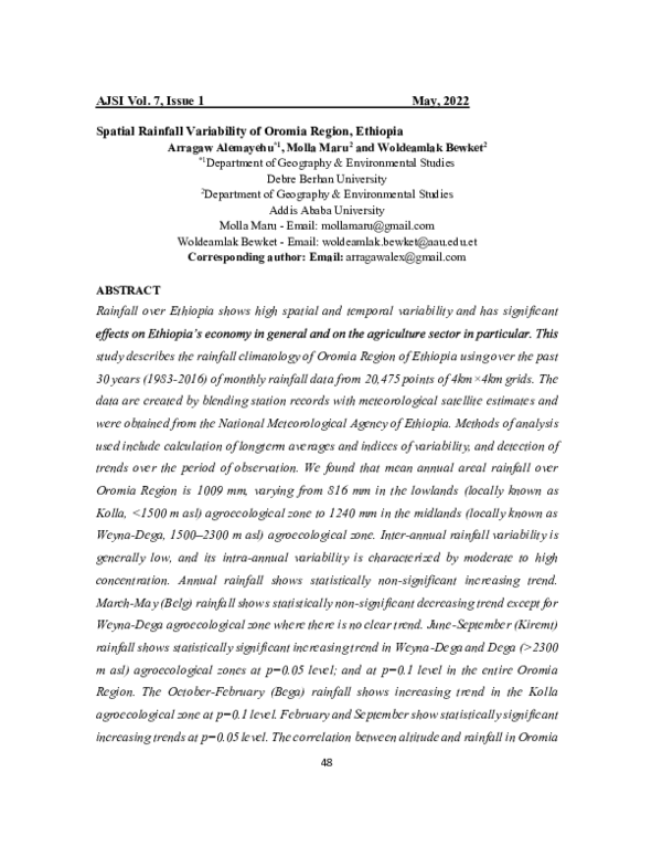 (PDF) Spatial Rainfall Variability of Oromia Region, Ethiopia