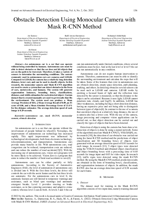 Pdf Obstacle Detection Using Monocular Camera With Mask R Cnn Method