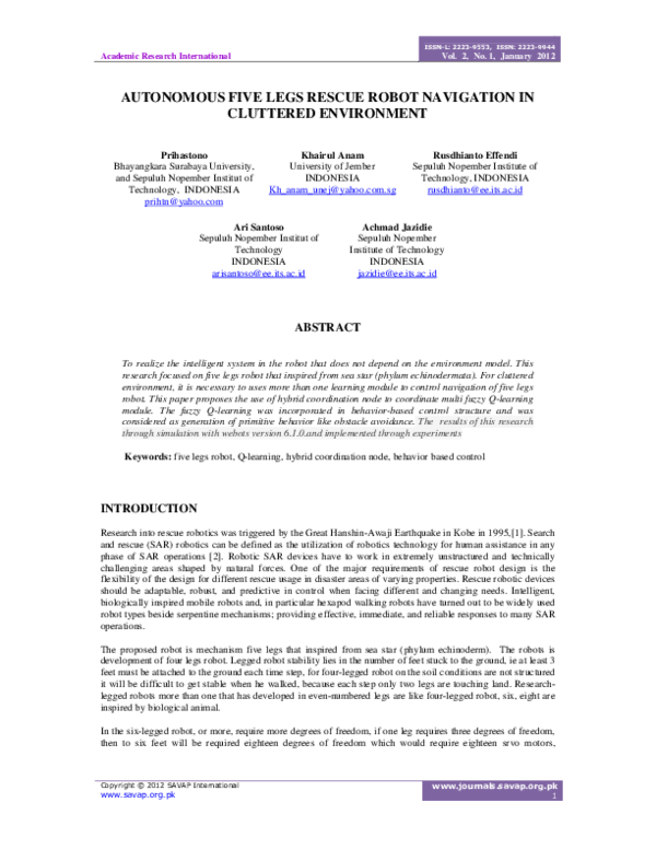 (PDF) Autonomous Five Legs Rescue Robot Navigation in Cluttered Environment