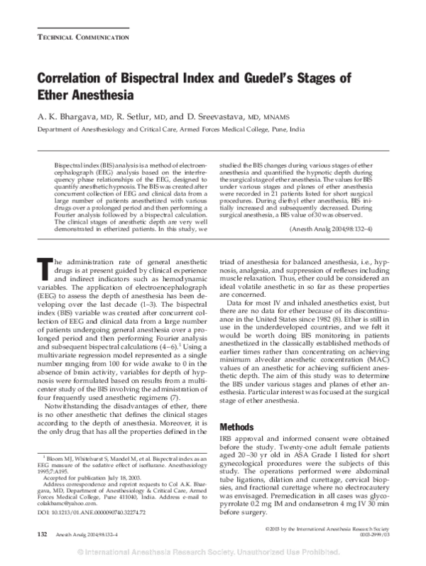 (PDF) Correlation of Bispectral Index and Guedel???s Stages of Ether Anesthesia