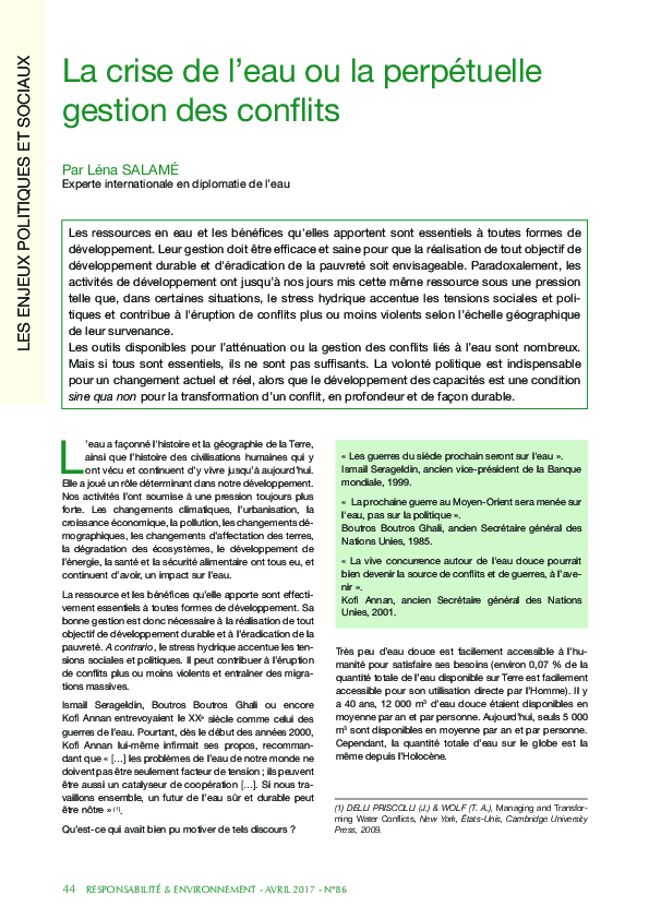 (PDF) La crise de l’eau ou la perpétuelle gestion des conflits