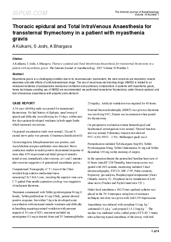 (PDF) Thoracic epidural and Total IntraVenous Anaesthesia for ...