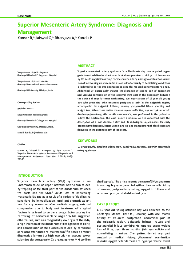 (PDF) Superior Mesenteric Artery Syndrome: Diagnosis and Management