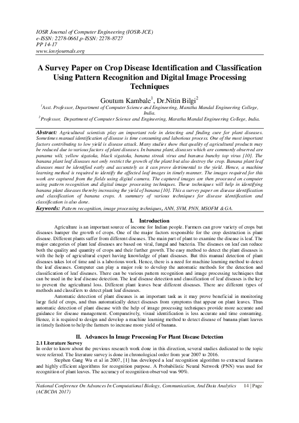 (PDF) A Survey Paper on Crop Disease Identification and Classification ...
