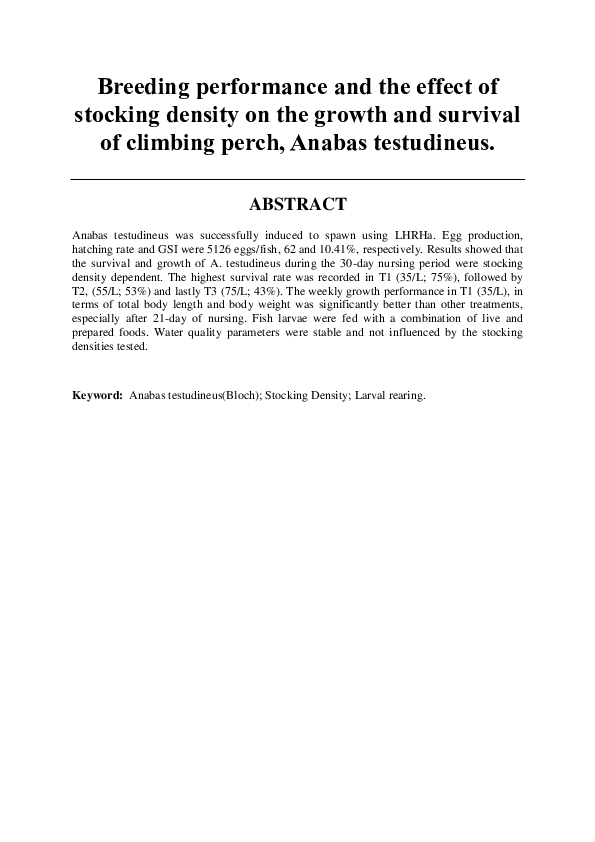 (PDF) Breeding Performance and the Effect of Stocking Density on the ...