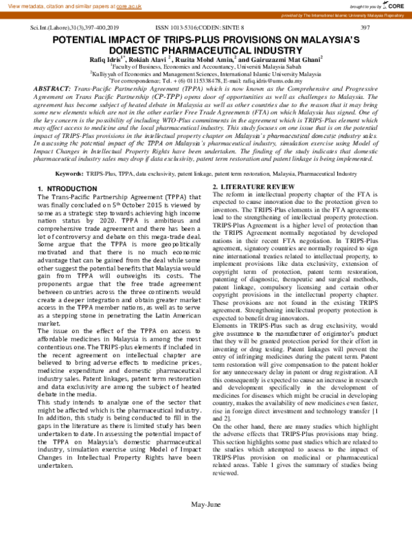 (PDF) Potential impact of trips-plus provisions on Malaysia’s domestic ...