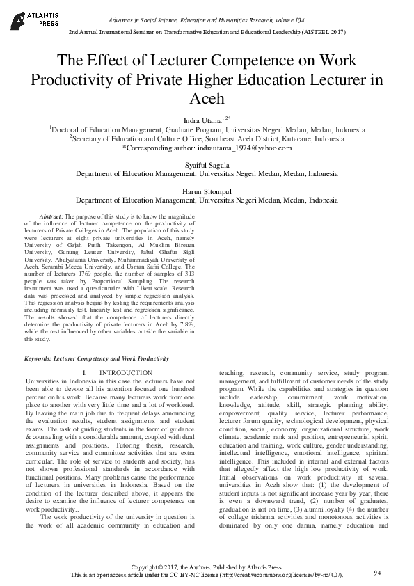 (PDF) The Effect of Lecturer Competence on Work Productivity of Private Higher Education ...