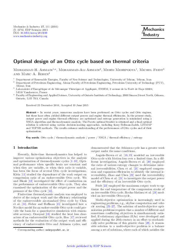 (PDF) Optimal design of an Otto cycle based on thermal criteria