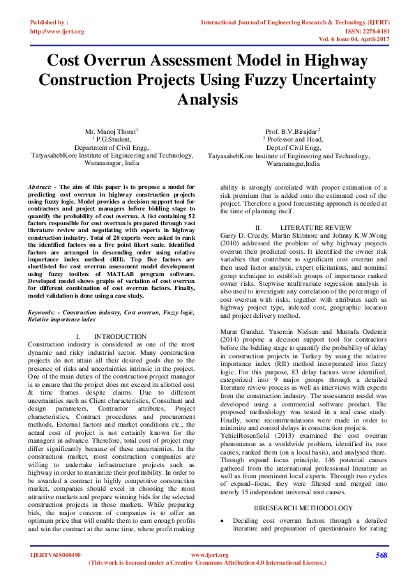 Pdf Cost Overrun Assessment Model In Highway Construction Projects