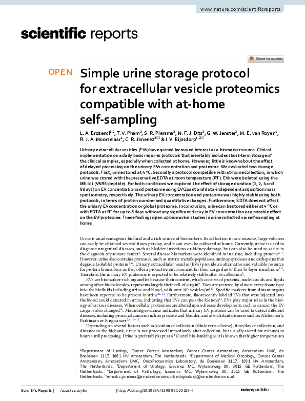 (PDF) Simple urine storage protocol for extracellular vesicle ...