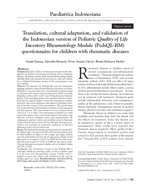 (PDF) Translation, cultural adaptation, and validation of the ...