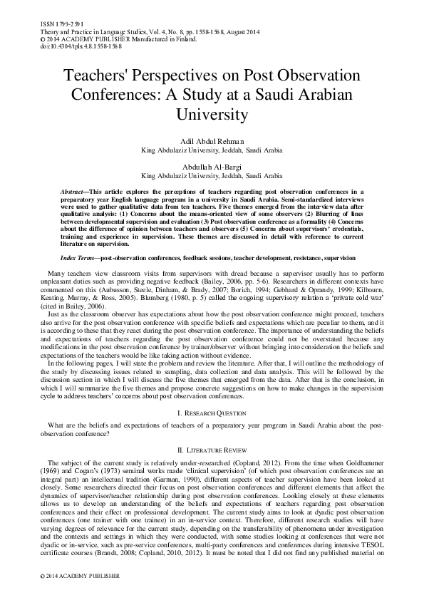 (PDF) Teachers' Perspectives on Post Observation Conferences: A Study ...
