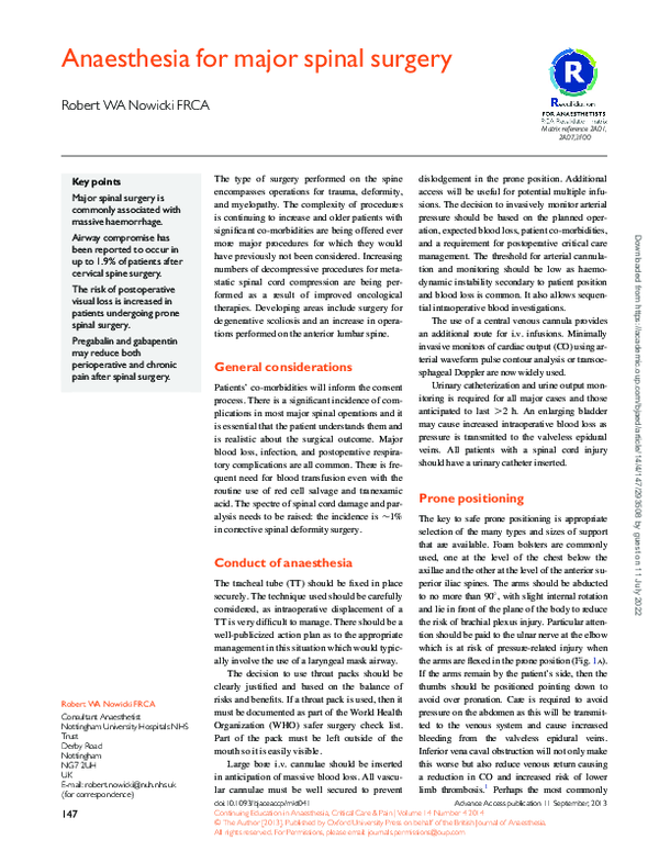 (PDF) Anaesthesia for major spinal surgery