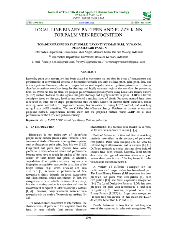 (PDF) Local line binary pattern and Fuzzy K-NN for palm vein recognition | Jayanti Yusmah Sari ...
