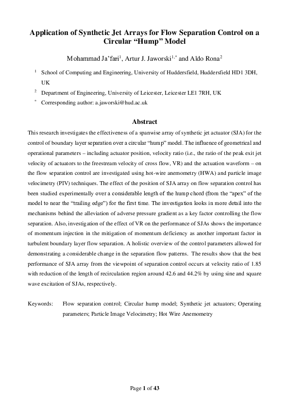 (PDF) Application of synthetic jet arrays for flow separation control on a circular “hump” model ...