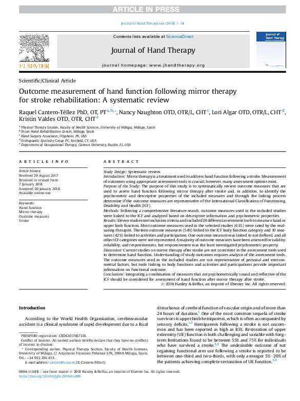 (PDF) Outcome measurement of hand function following mirror therapy for ...