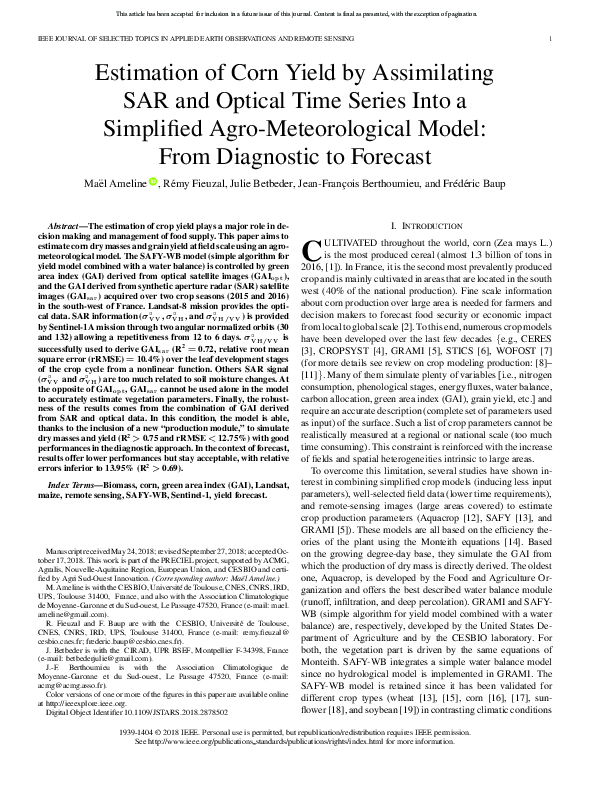 (PDF) Estimation of Corn Yield by Assimilating SAR and Optical Time ...