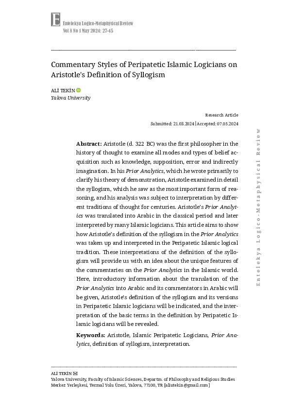 (PDF) Commentary Styles of Peripatetic Islamic Logicians on Aristotle's ...