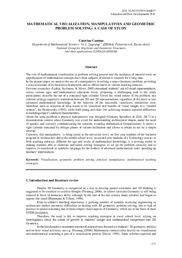(PDF) Mathematical Visualization, Manipulatives and Geometric Problem Solving: A Case of Study