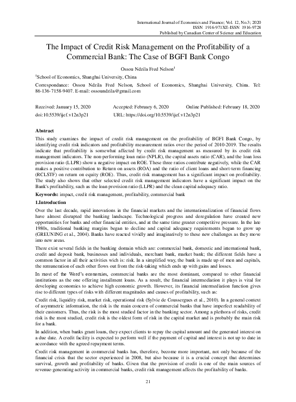 (PDF) The Impact of Credit Risk Management on the Profitability of a ...