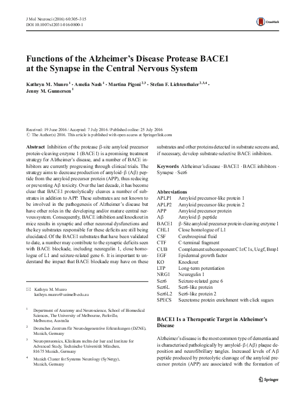 (PDF) Functions of the Alzheimer’s Disease Protease BACE1 at the ...