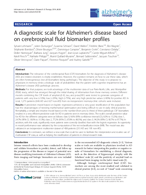 (PDF) A diagnostic scale for Alzheimer’s disease based on cerebrospinal fluid biomarker profiles