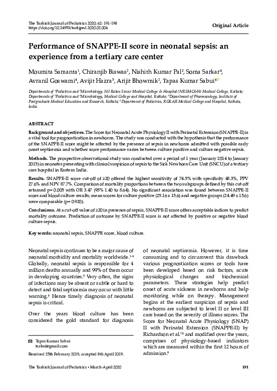 (PDF) Performance of snappe-ii score in neonatal sepsis: an experience ...