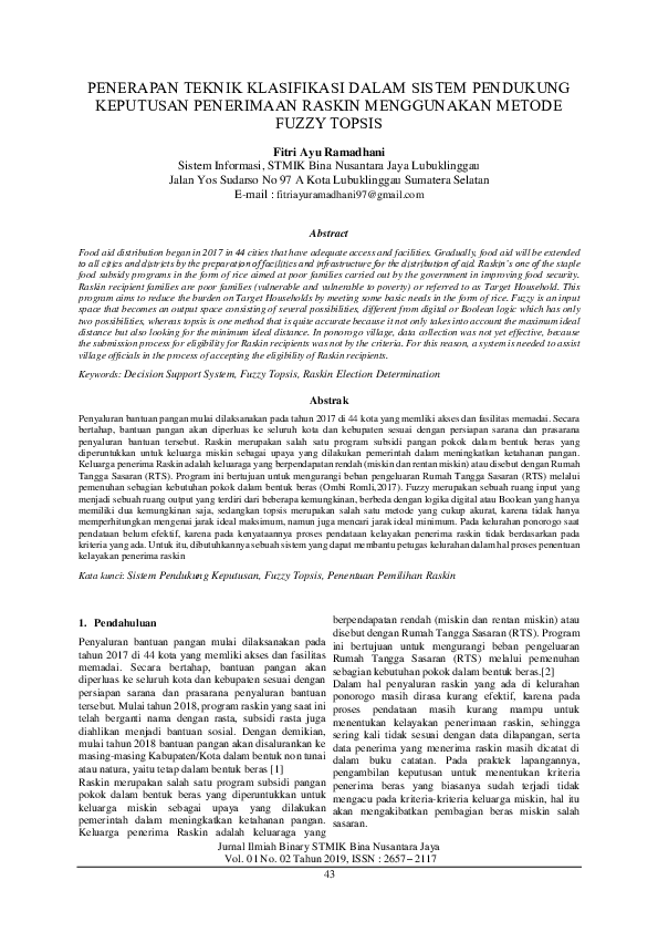 (PDF) Penerapan Teknik Klasifikasi Dalam Sistem Pendukung Keputusan Penerimaan Raskin ...