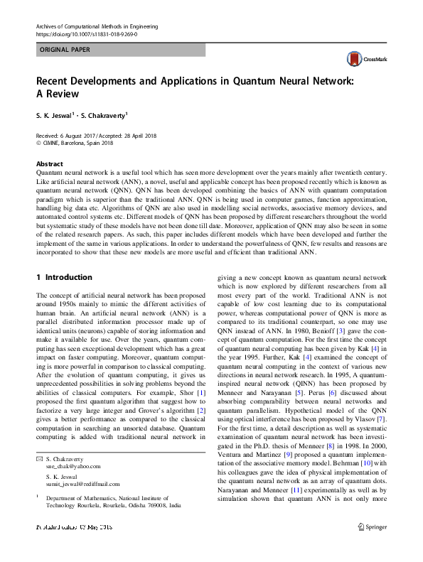 (PDF) Recent Developments and Applications in Quantum Neural Network: A Review