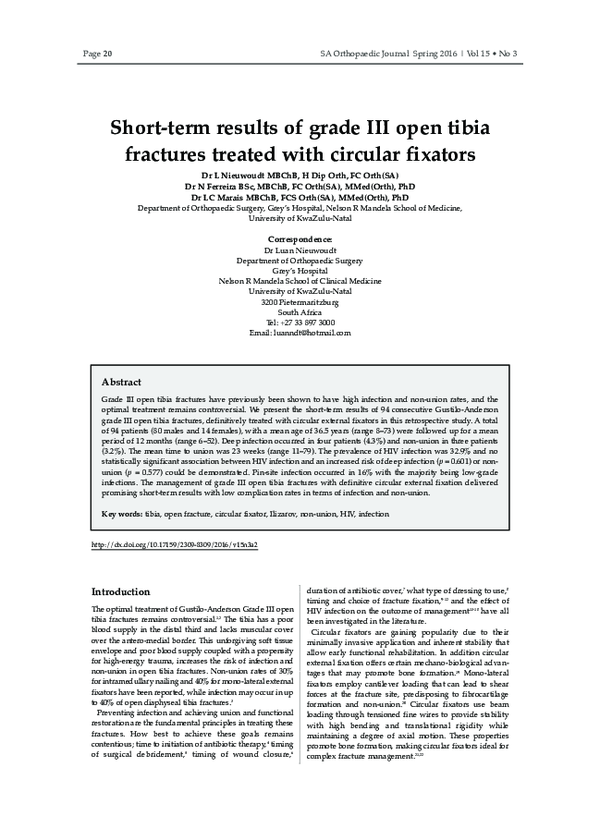 (PDF) Short-term results of grade III open tibia fractures treated with ...
