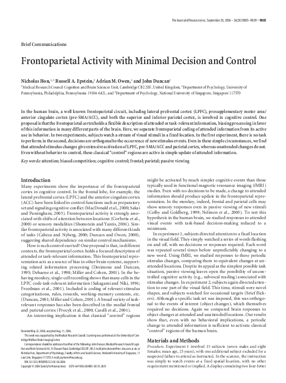 (PDF) Frontoparietal activity with minimal decision and control in the ...