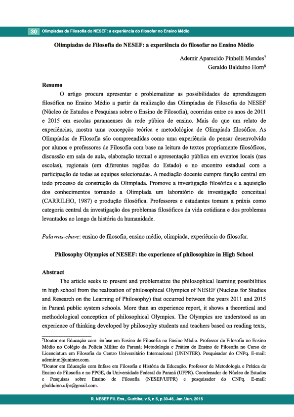 (PDF) Olimpíadas de Filosofia do NESEF: a experiência do filosofar no Ensino Médio | Geraldo ...