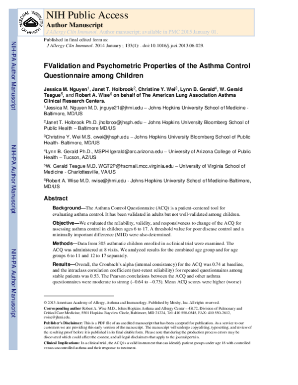 (PDF) Validation and psychometric properties of the Asthma Control Questionnaire among children