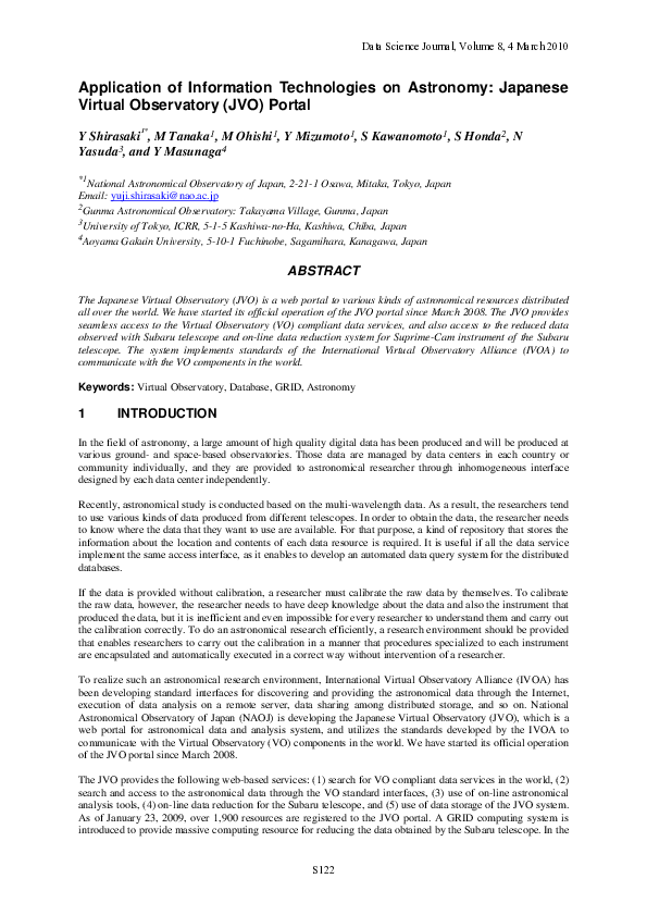 (PDF) Application of Information Technologies on Astronomy: Japanese Virtual Observatory (JVO ...