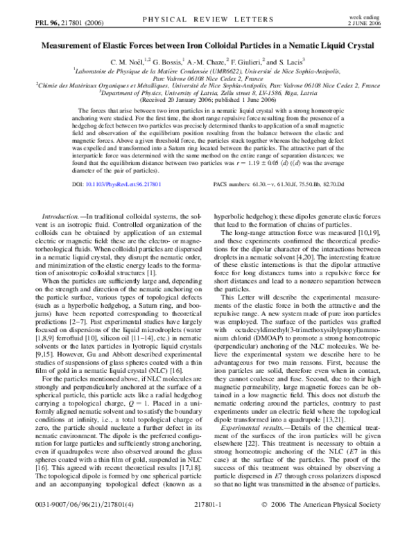 (PDF) Measurement of Elastic Forces between Iron Colloidal Particles in ...