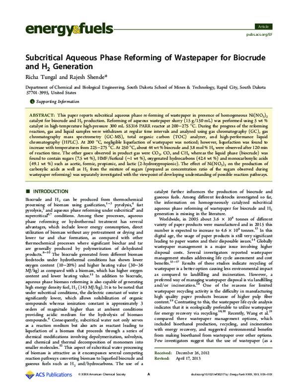 (PDF) Subcritical Aqueous Phase Reforming of Wastepaper for Biocrude ...