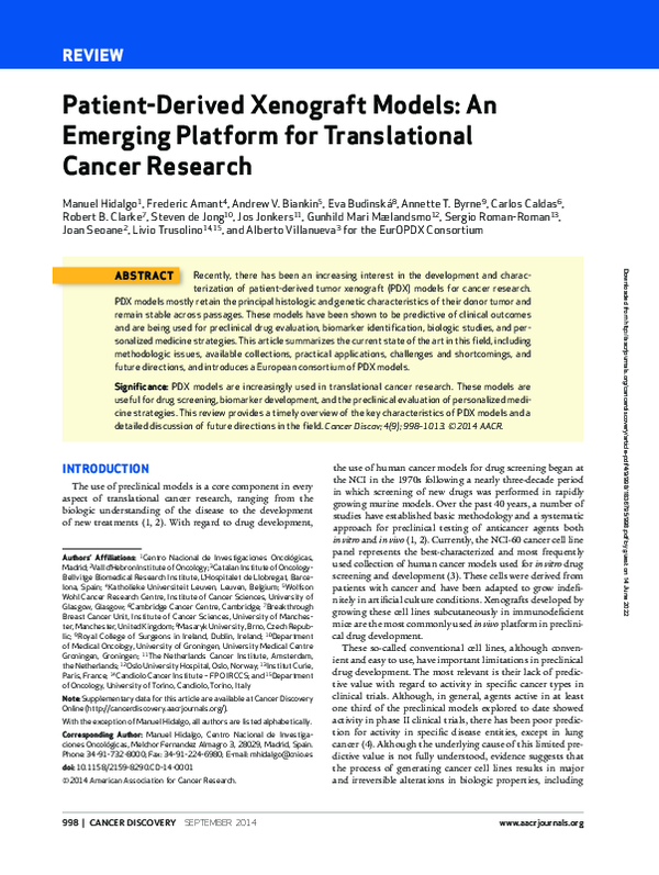 (PDF) Patient-derived xenograft models: an emerging platform for ...