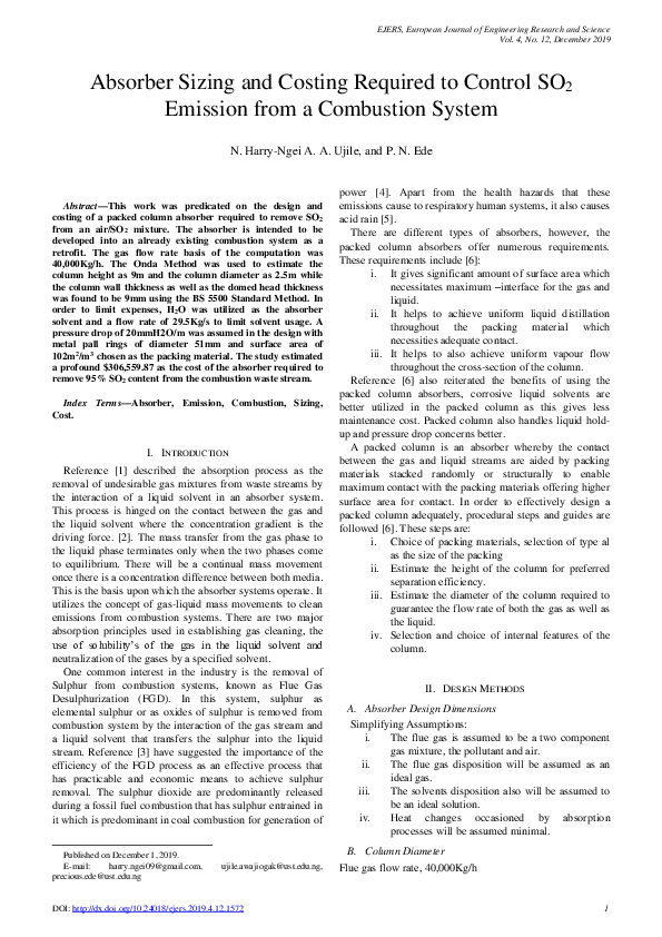 (PDF) Absorber Sizing and Costing Required to Control SO2 Emission from ...