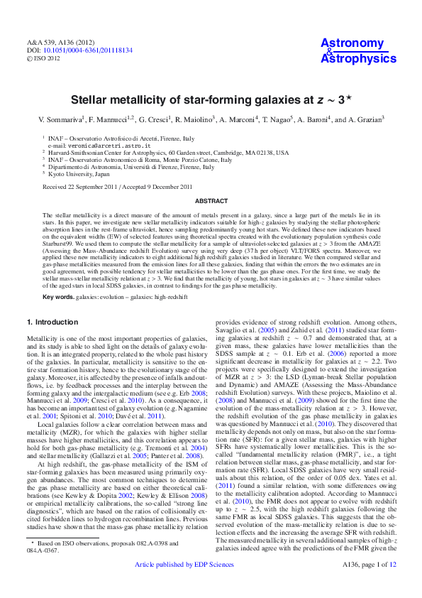 (PDF) Stellar metallicity of star-forming galaxies atz ~ 3 | Andrea ...