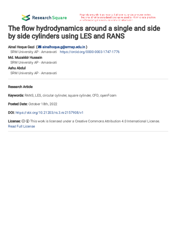 (PDF) The flow hydrodynamics around a single and side by side cylinders using LES and RANS