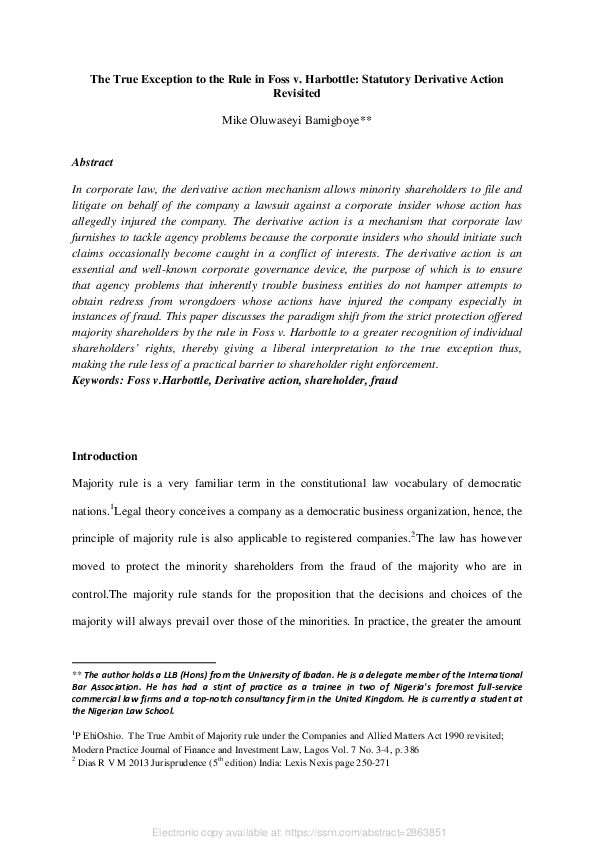 (PDF) The True Exception to the Rule in Foss v. Harbottle: Statutory Derivative Action Revisited ...