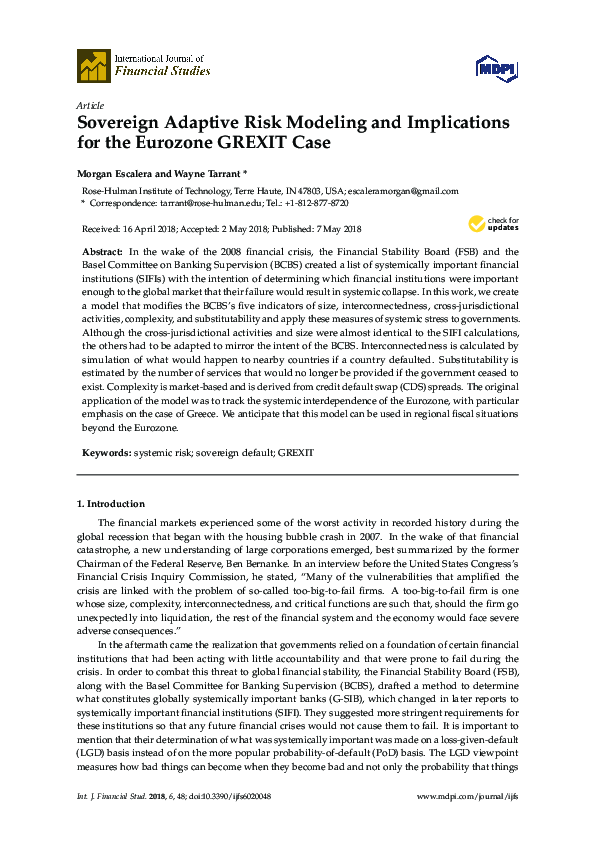 (PDF) Sovereign Adaptive Risk Modeling and Implications on the Eurozone GREXIT Case | Wayne ...