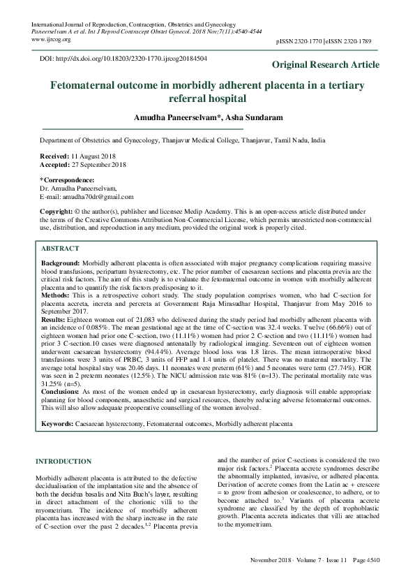 (PDF) Fetomaternal Outcome in Morbidly Adherent Placenta