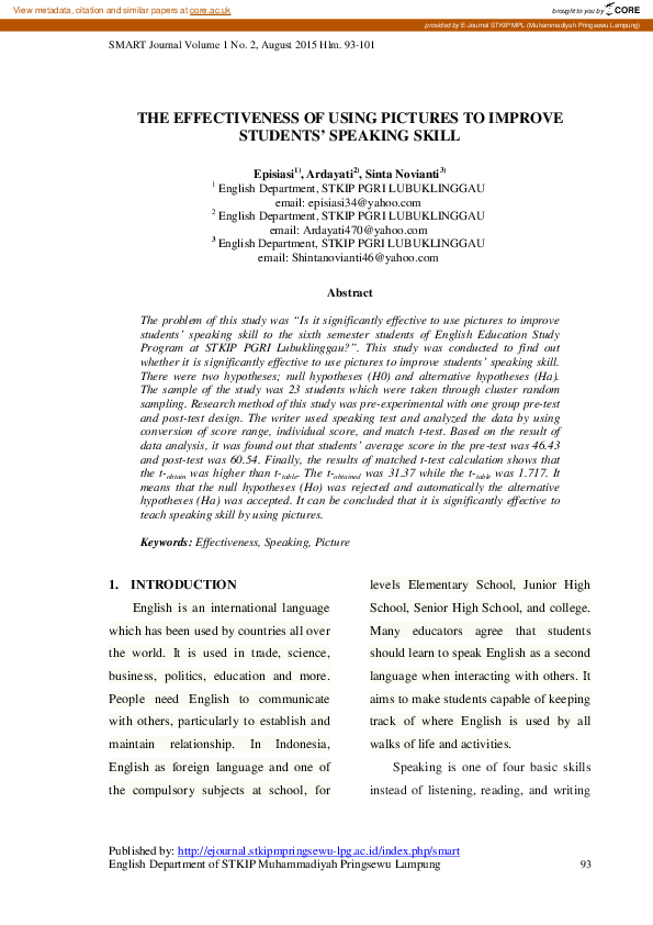 (PDF) The Effectiveness of Using Pictures to Improve Students’ Speaking Skill