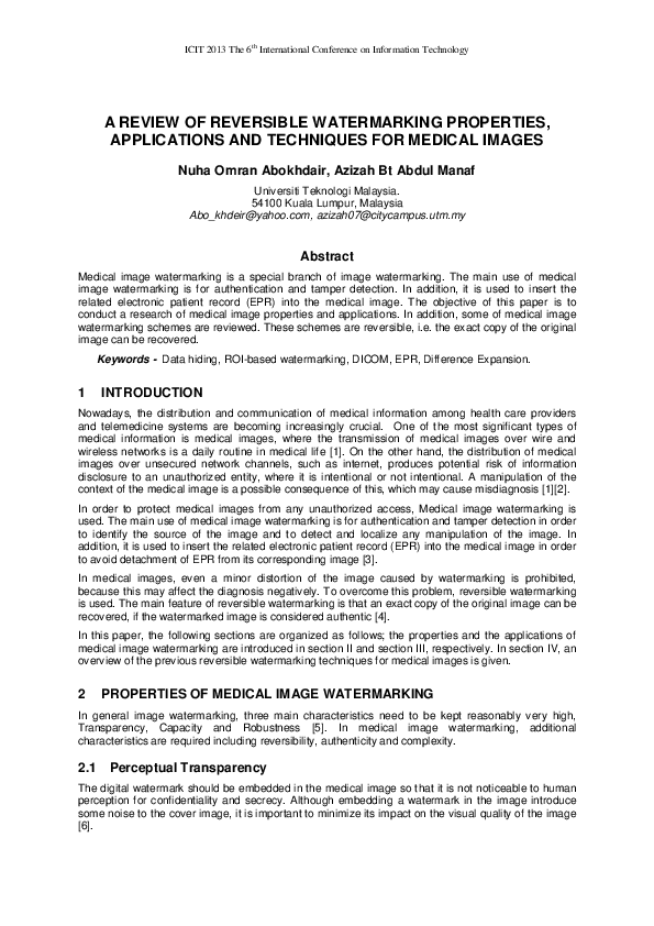 (PDF) A Review of Reversible Watermarking Properties, Applications and ...