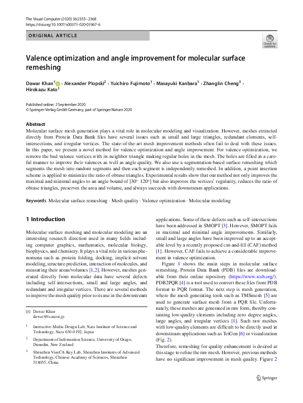 (PDF) Valence optimization and angle improvement for molecular surface remeshing