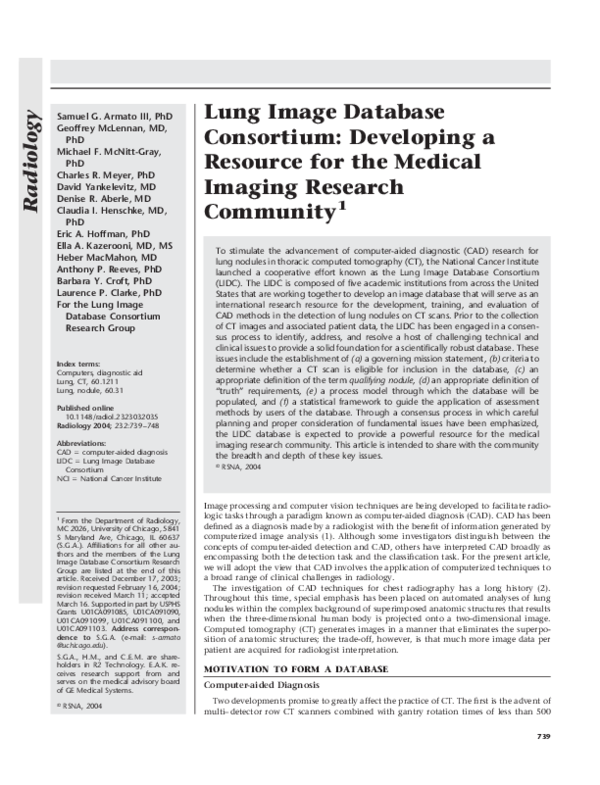 (PDF) Lung Image Database Consortium: Developing a Resource for the Medical Imaging Research ...