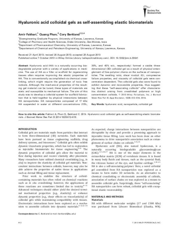 (PDF) Hyaluronic acid colloidal gels as self‐assembling elastic ...