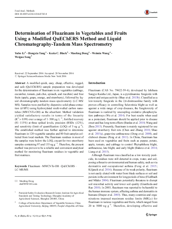 (PDF) Determination of Fluazinam in Vegetables and Fruits Using a Modified QuEChERS Method and ...