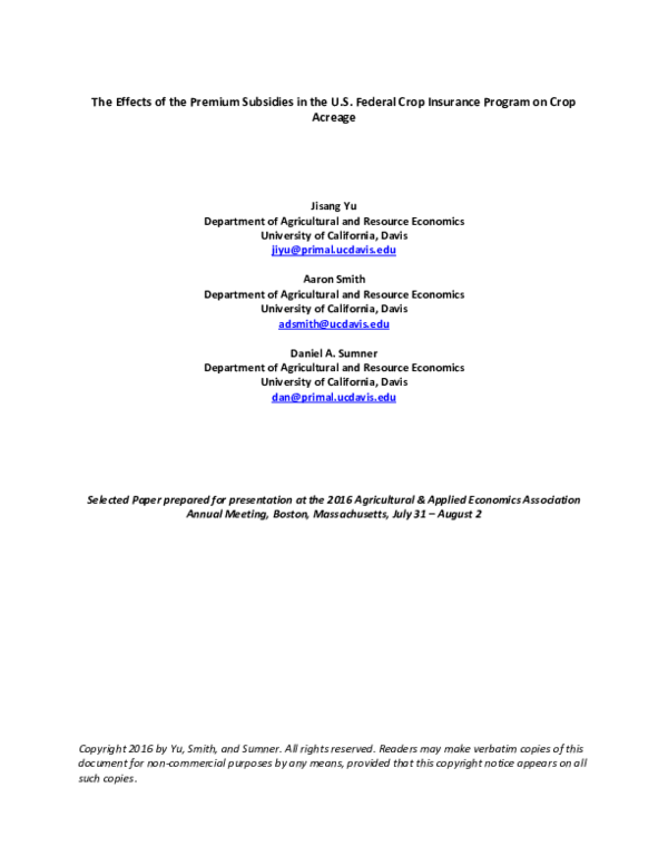 (PDF) The Effects of the Premium Subsidies in the U.S. Federal Crop ...